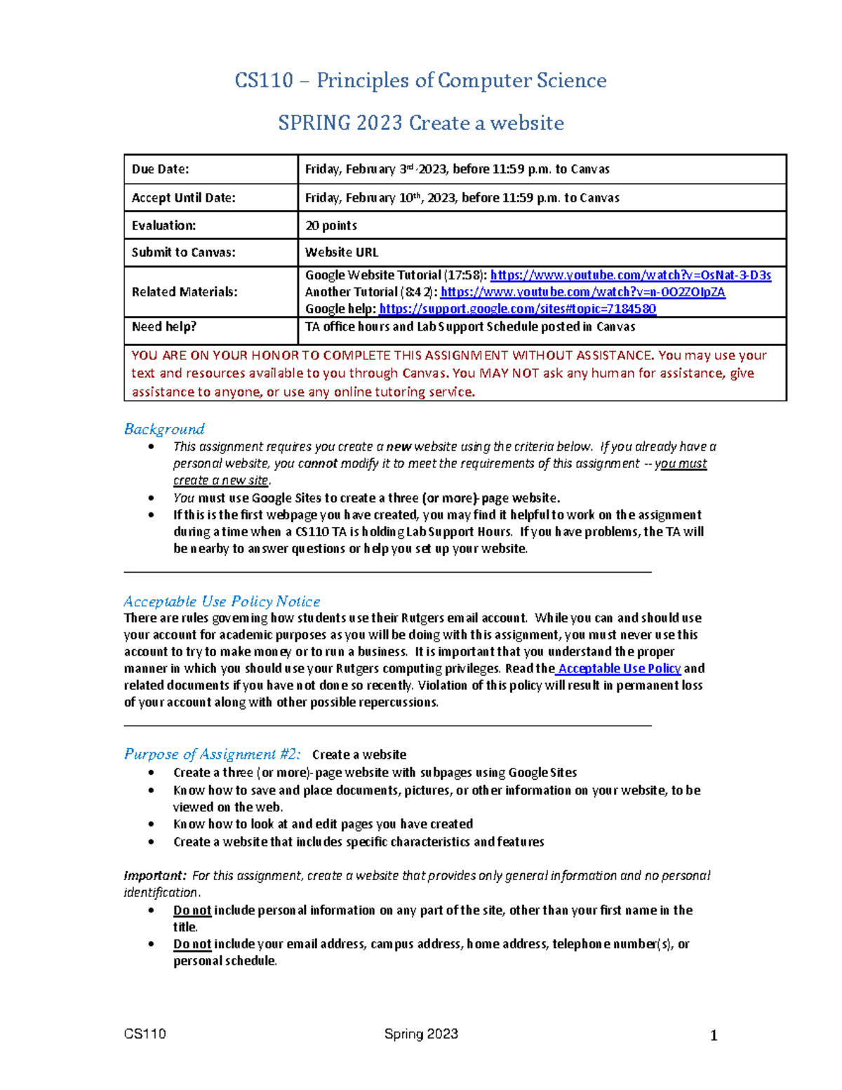 02 Webpage Cs110 Principles Of Computer Science Spring 2023 Create A Website Due Date
