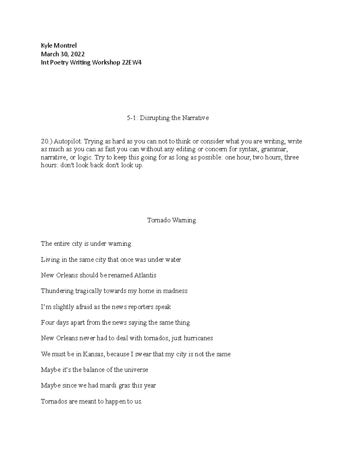 Kyle Montrel 5-1 Poetry Exercise - Kyle Montrel March 30, 2022 Int ...