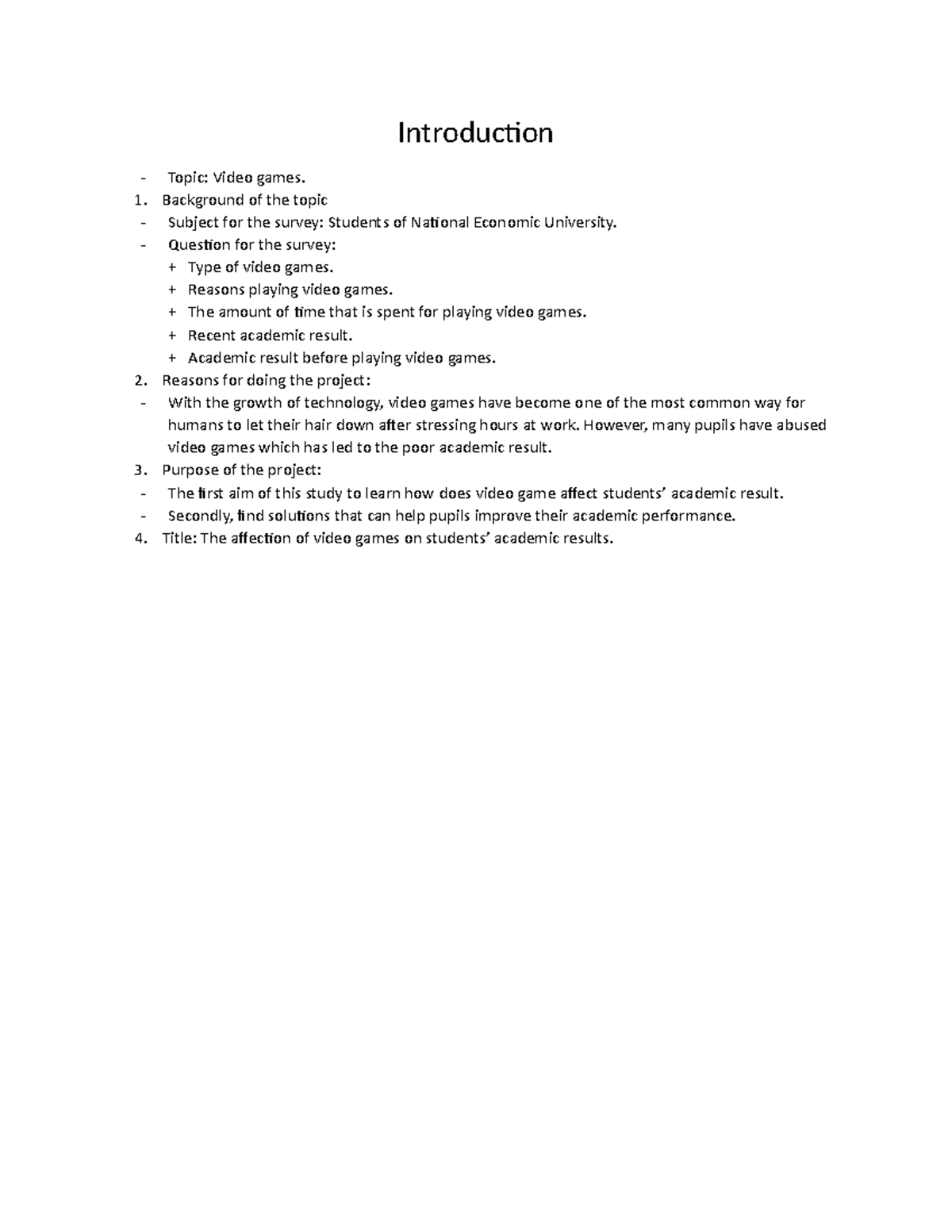 English 100 - Eng100 - Introduction Topic: Video games. Background of ...