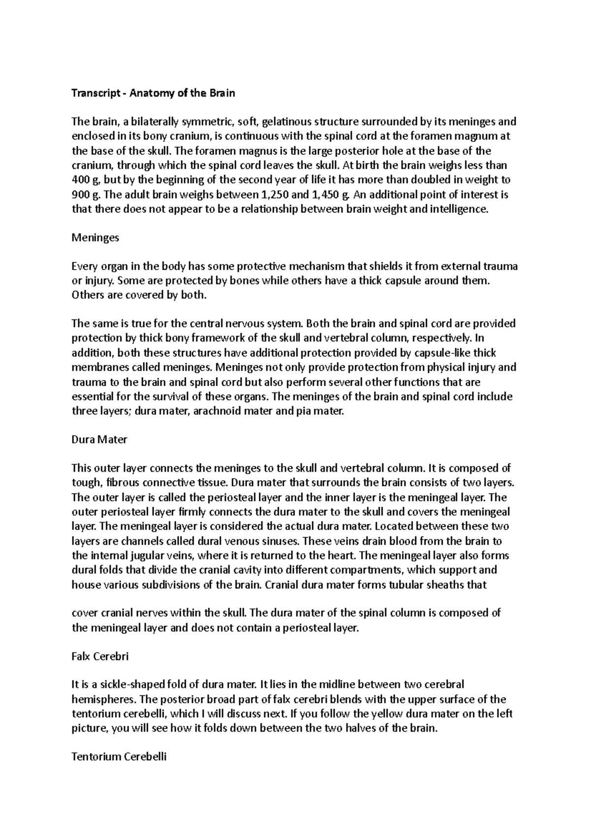 Neuro tut transcript - tutorial script - Transcript - Anatomy of the ...