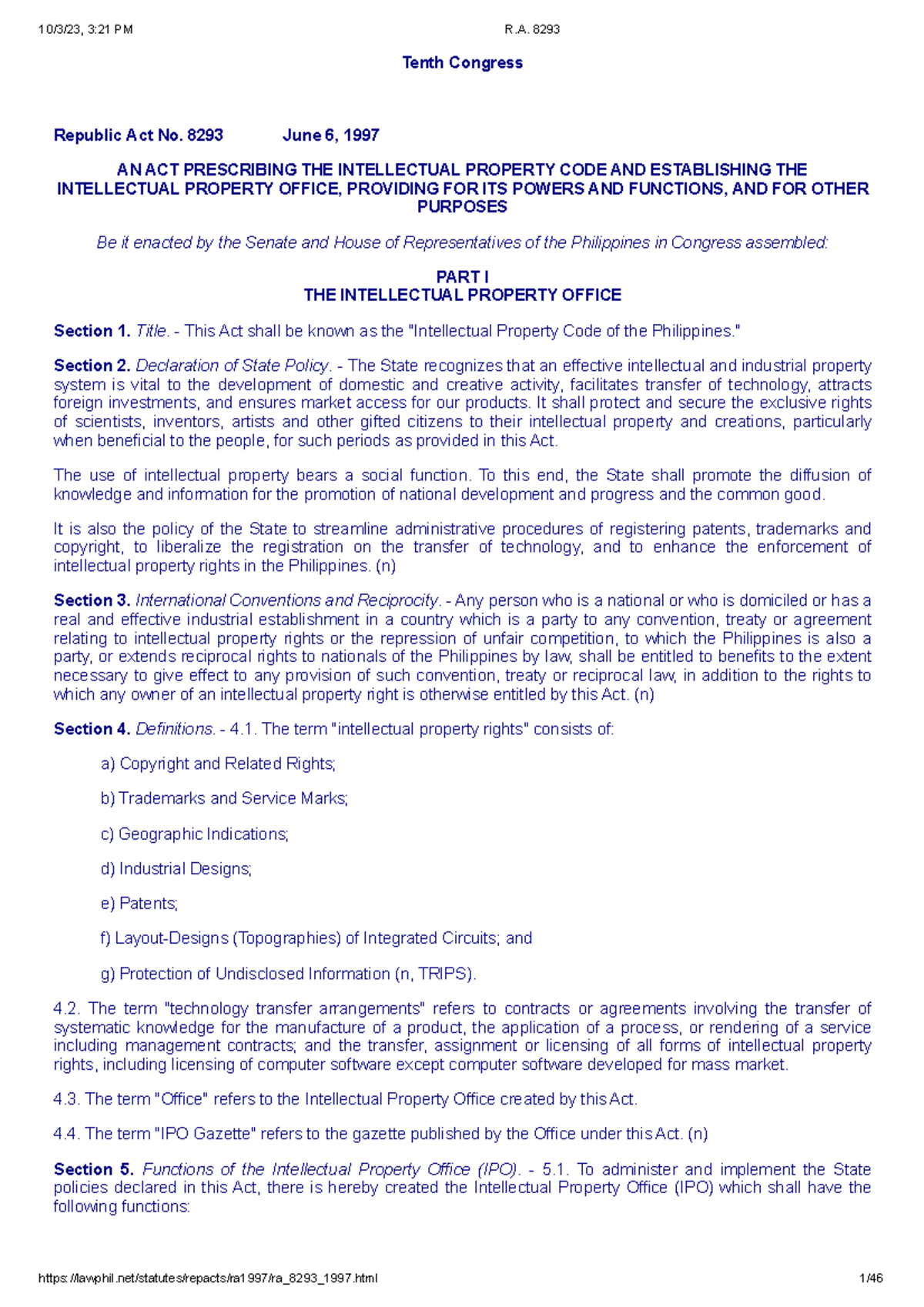 RA 8293 Intellectual Property Code of the Philippines - Tenth Congress Republic Act No. 8293 ...
