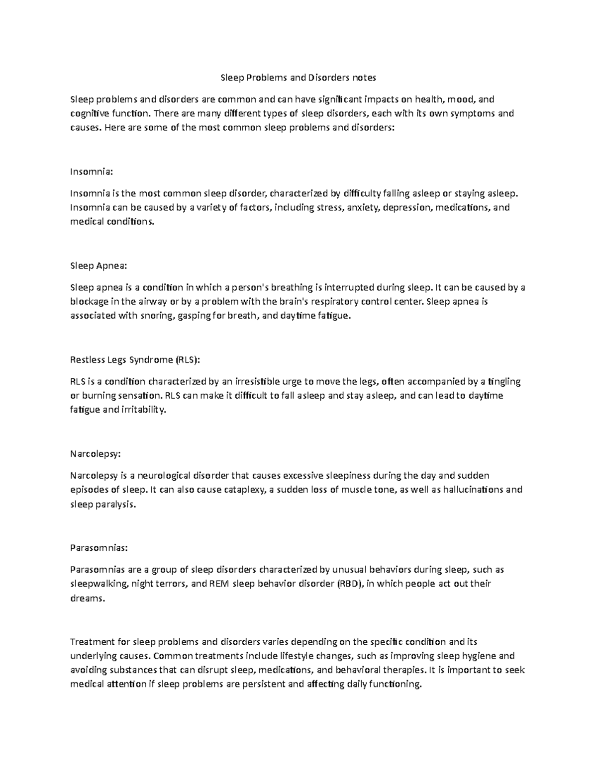 Sleep Problems and Disorders notes - There are many different types of ...
