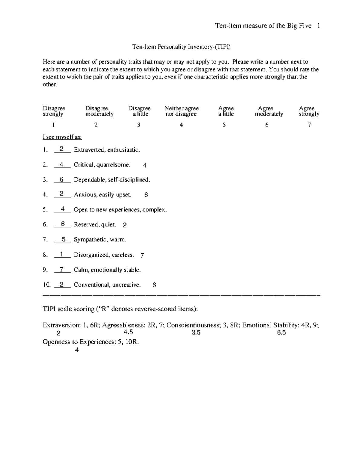 Tipi test - Ten-item measure of the Big Five 1 Ten-Item Personality ...