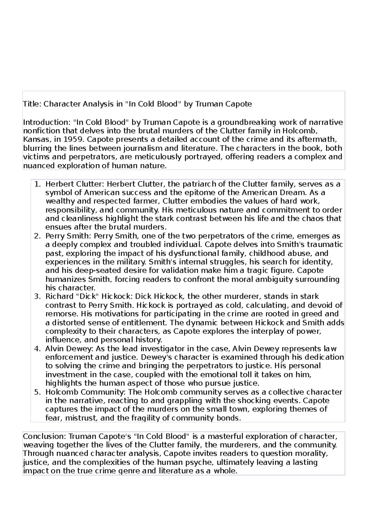 Notes for literatre - Title: Character Analysis in "In Cold Blood" by ...