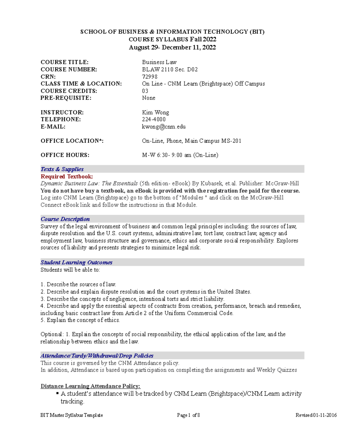 BLAW2110FALL2022Syllabus - SCHOOL OF BUSINESS & INFORMATION TECHNOLOGY ...