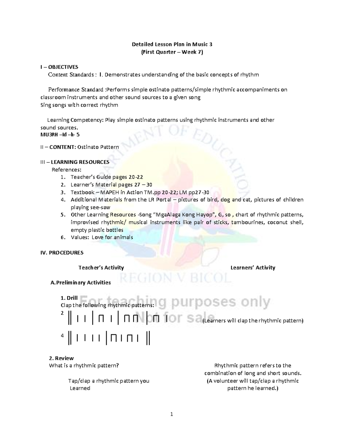 Music Grade 3 - Dlp - Detailed Lesson Plan in Music 3 (First Quarter ...