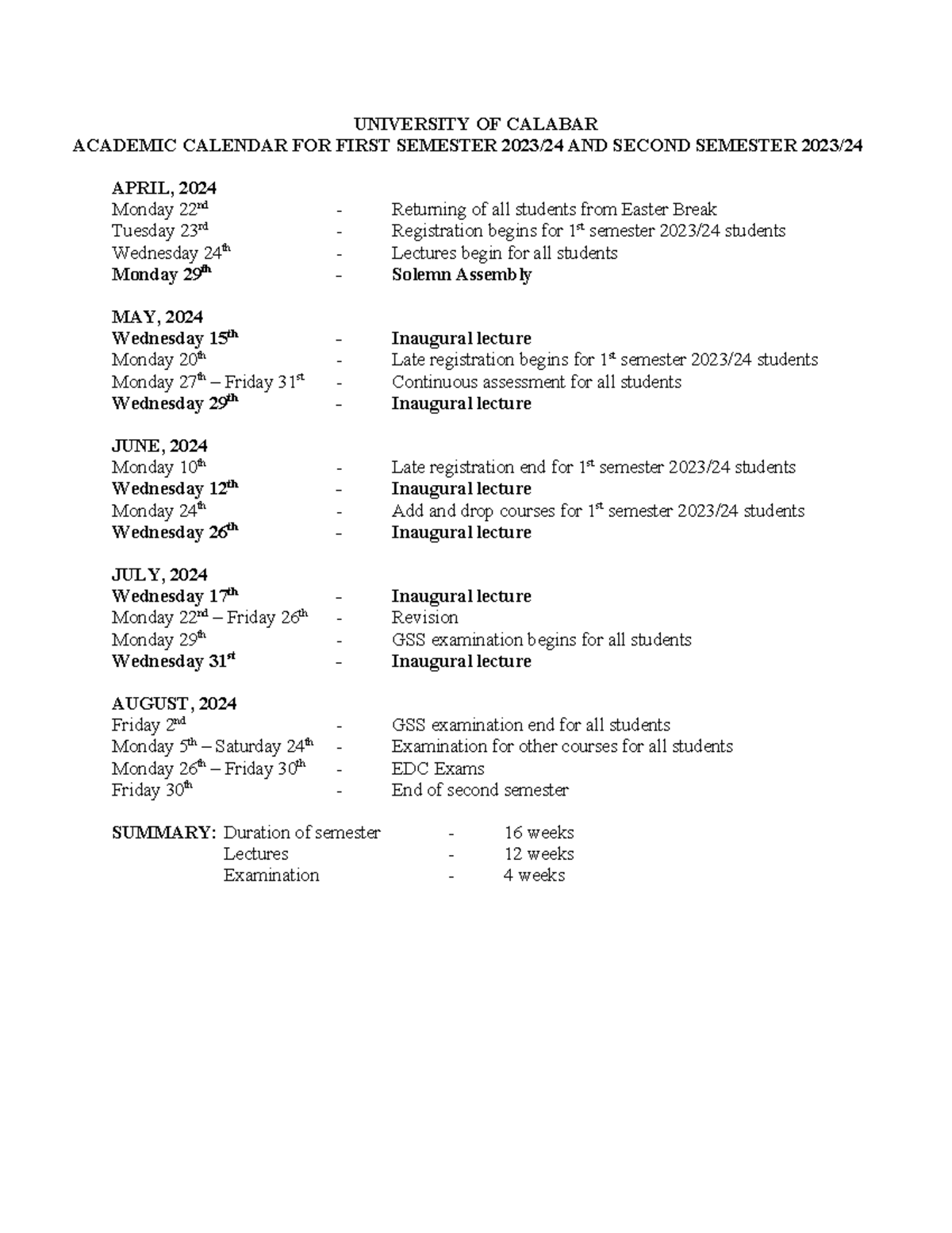 Academic Calendar FOR Second Semester Calabar - UNIVERSITY OF CALABAR ...