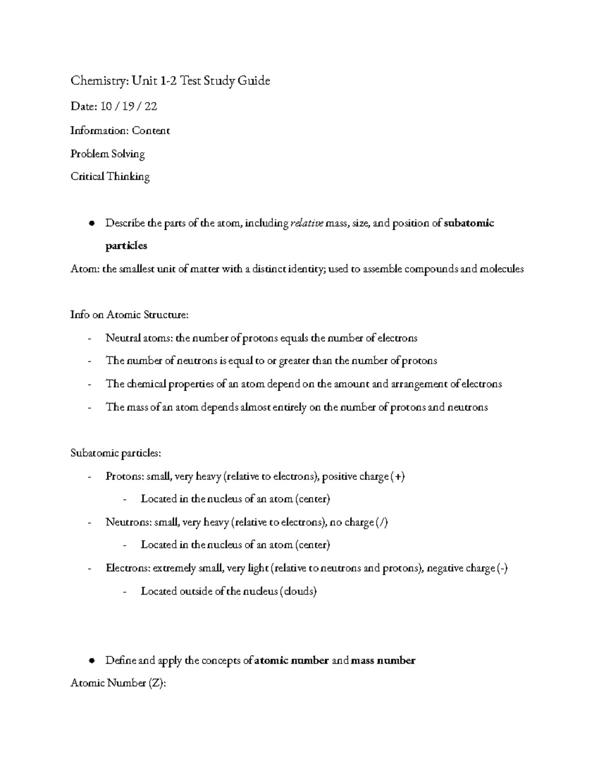 Chemistry: Unit 1-2 Test Study Guide - 4- then multiply both of your ...
