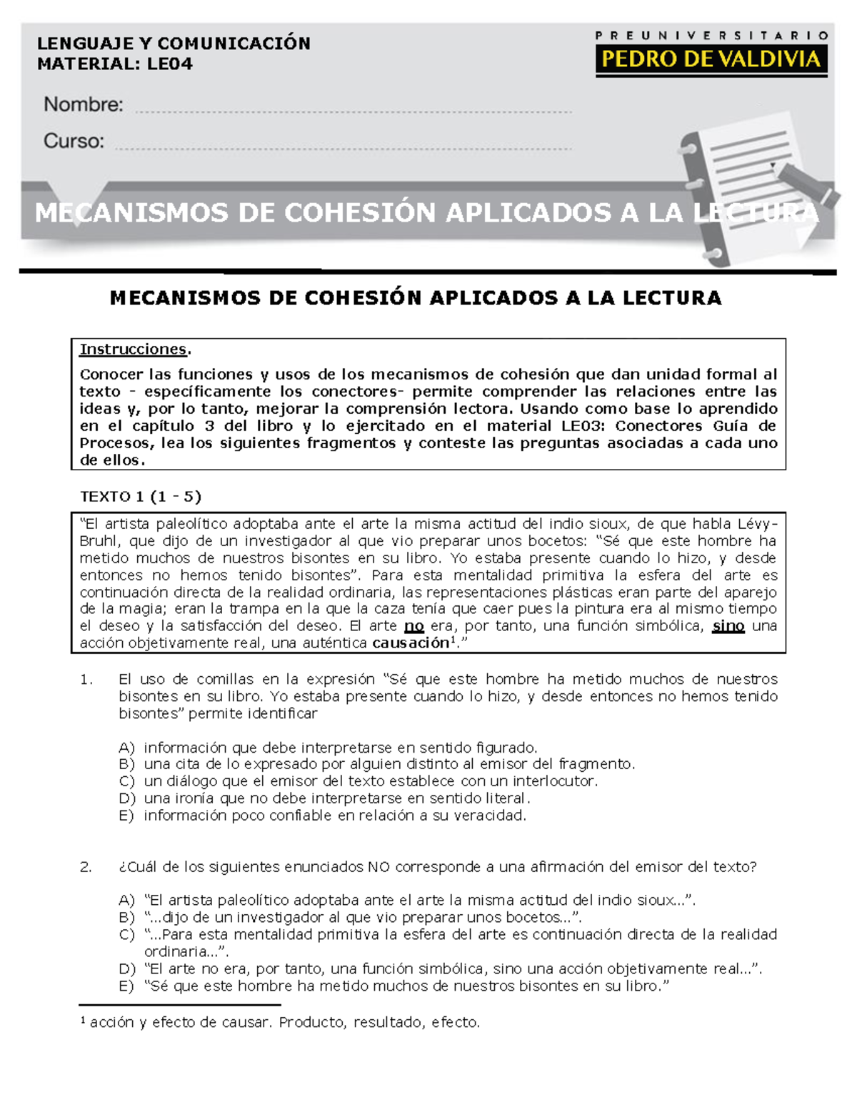 LE04 - Mecanismos de cohesión aplicados a la lectura - LENGUAJE Y COMUNICACI”N MATERIAL: LE ...