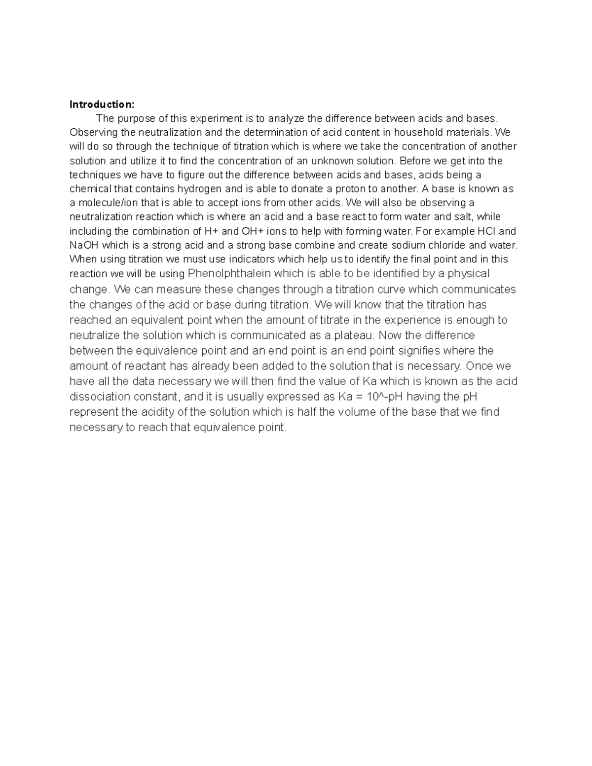 Lab Report - Experiment Titration Curves - Introduction: The purpose of ...