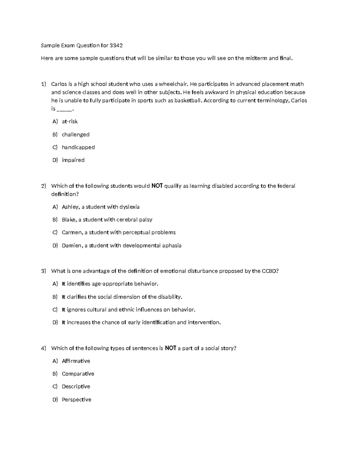 Sample Exam Questions for 3342 - Sample Exam Question for 3342 Here are ...