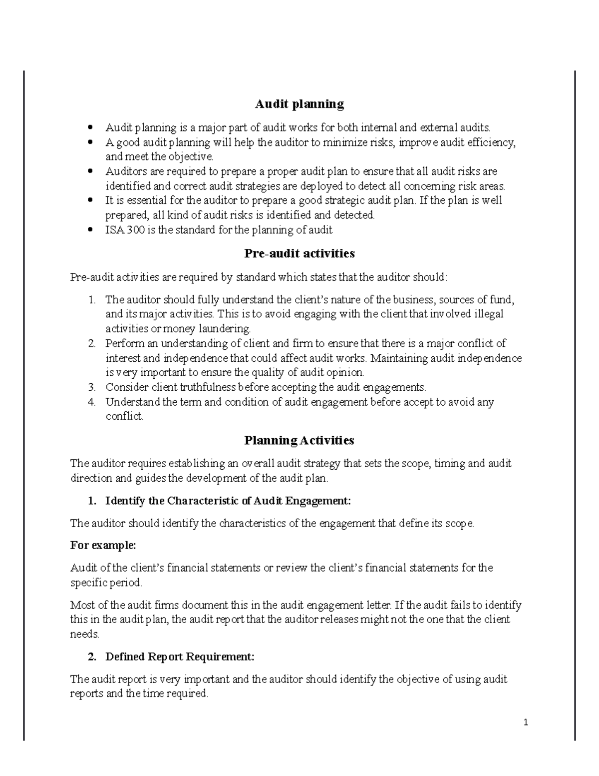 Audit Plan - Audit planning Audit planning is a major part of audit ...