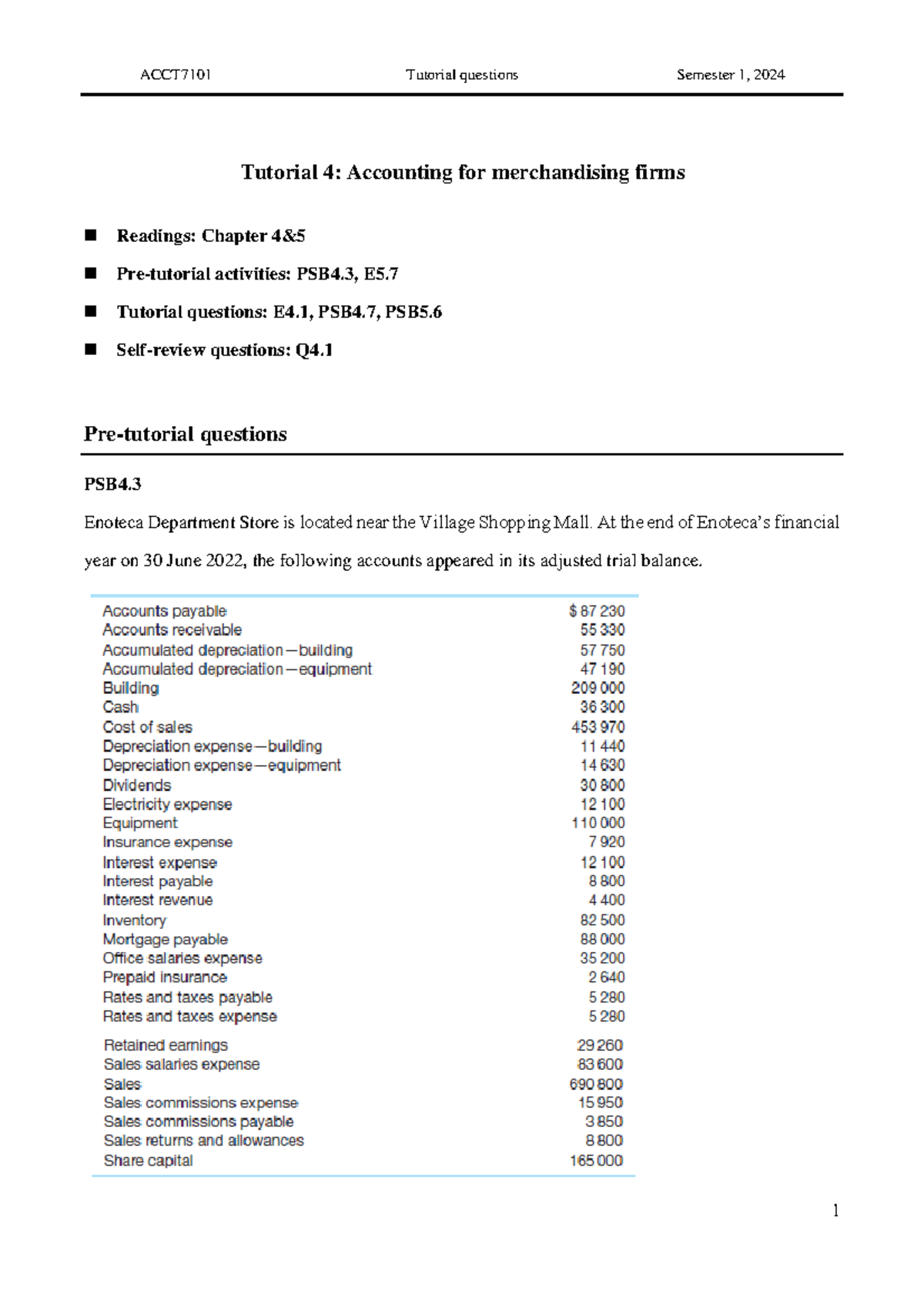 ACCT7101 - Tutorial 4 (Questions) - Tutorial 4 : Accounting for merchandising firms Readings ...