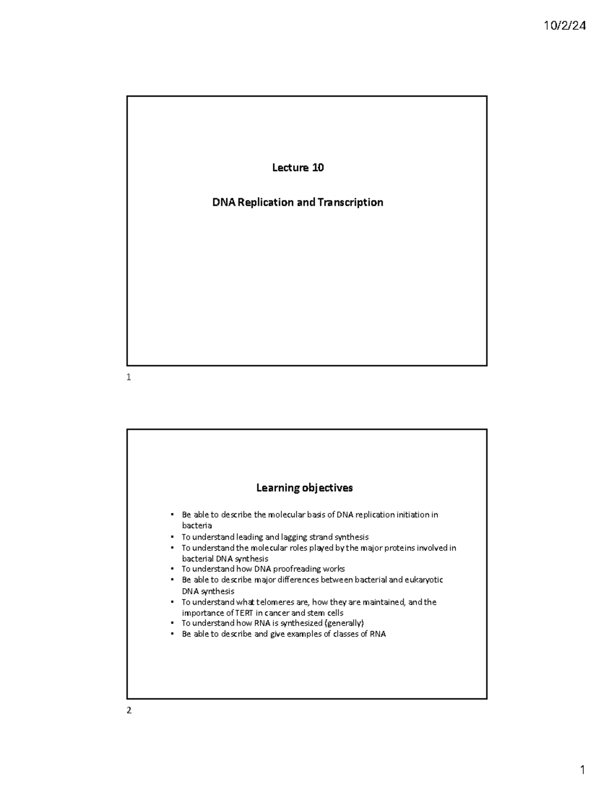 Lecture 10 2024 DNA replication and transcription - Lecture 10 DNA Replication and Transcription ...