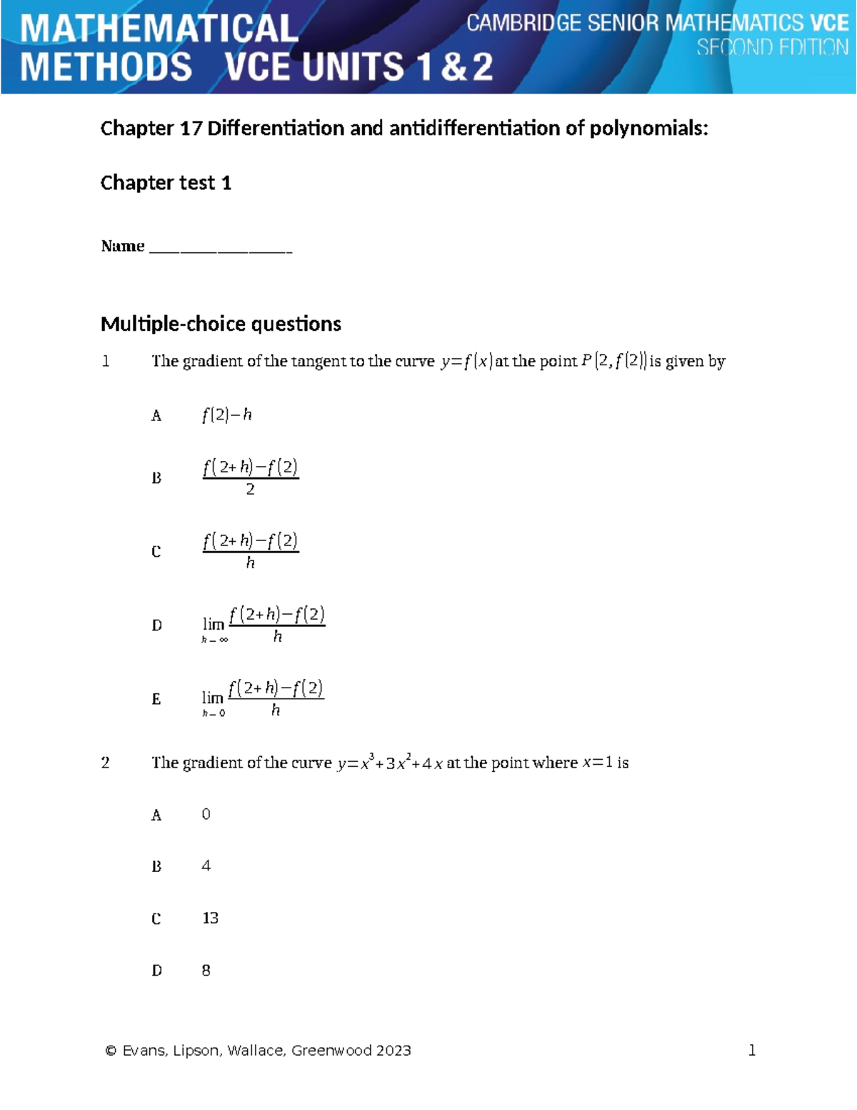 VCE MM1&2 Chapter 17 test 1 - Chapter 17 Differentiation and ...