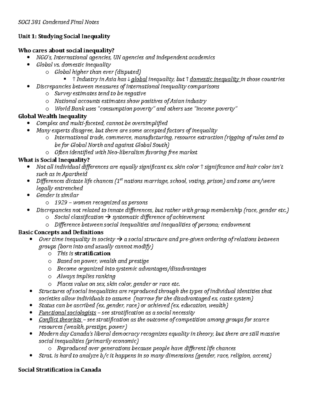 SOCI 381 Condensed Final Notes Unit 1: Studying Social Inequality - Studocu