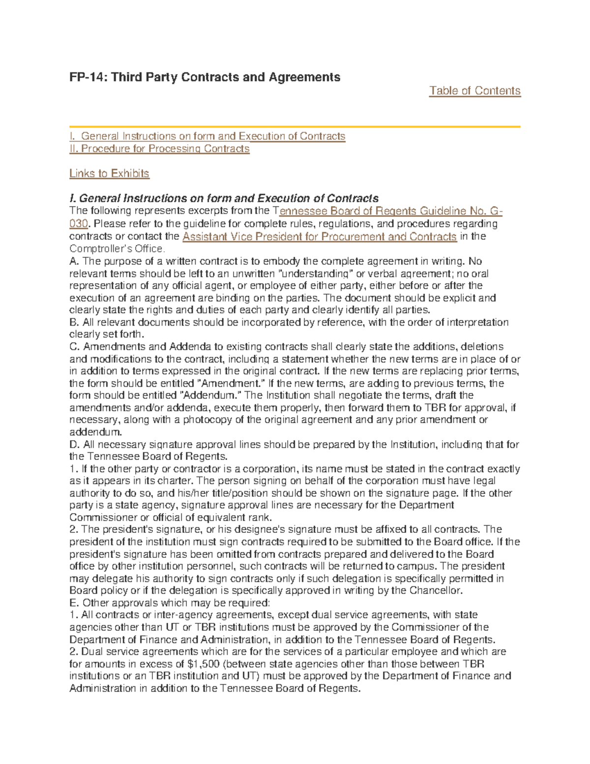 Third Party Contract and Agreement - FP-14: Third Party Contracts and Agreements Table of ...