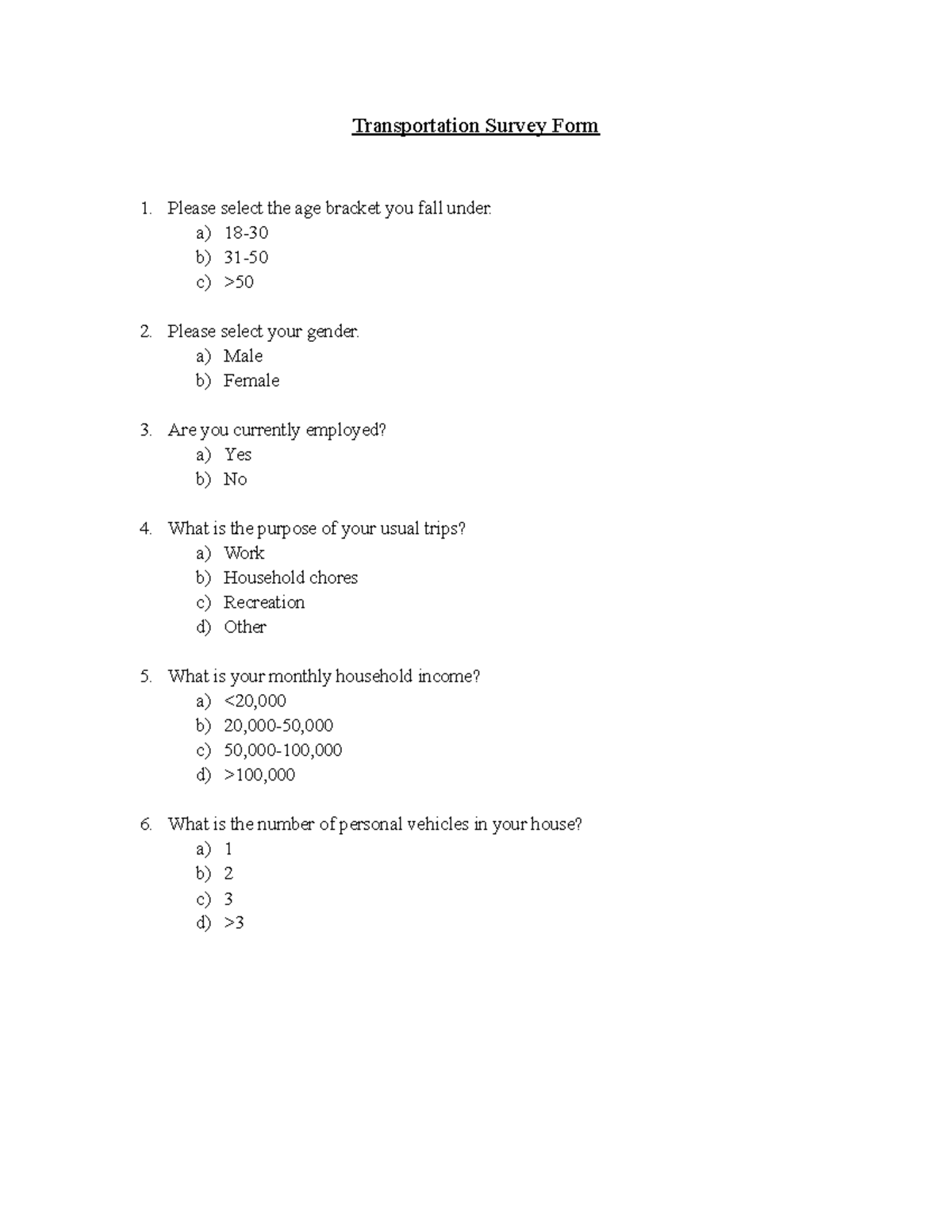 Transportation Survey Form - Transportation Survey Form Please select ...