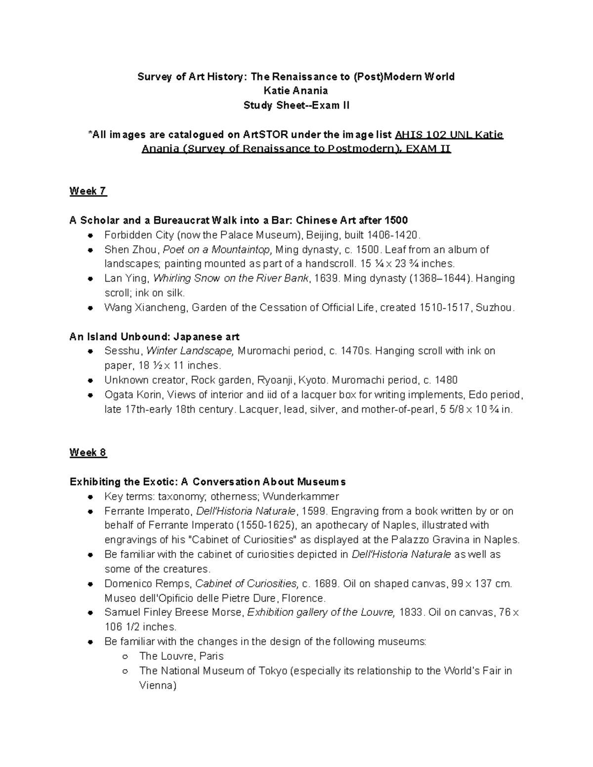 Survey UNL Study Sheet EXAM II - Survey of Art History: The Renaissance ...