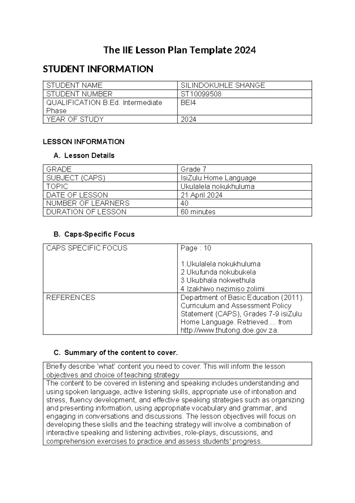 15 minutee - Mandatory assignment - The IIE Lesson Plan Template 2024 ...
