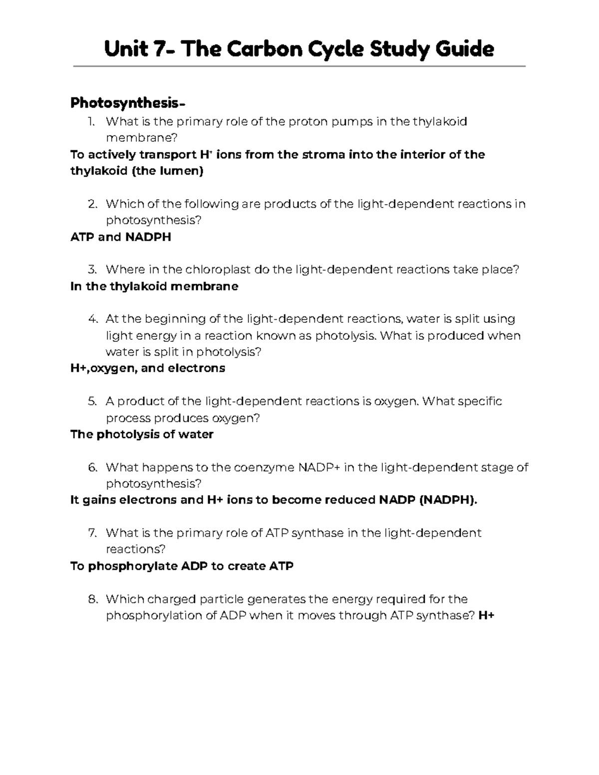 Unit 7- The Carbon Cycle Study Guide - Unit 7- The Carbon Cycle Study ...