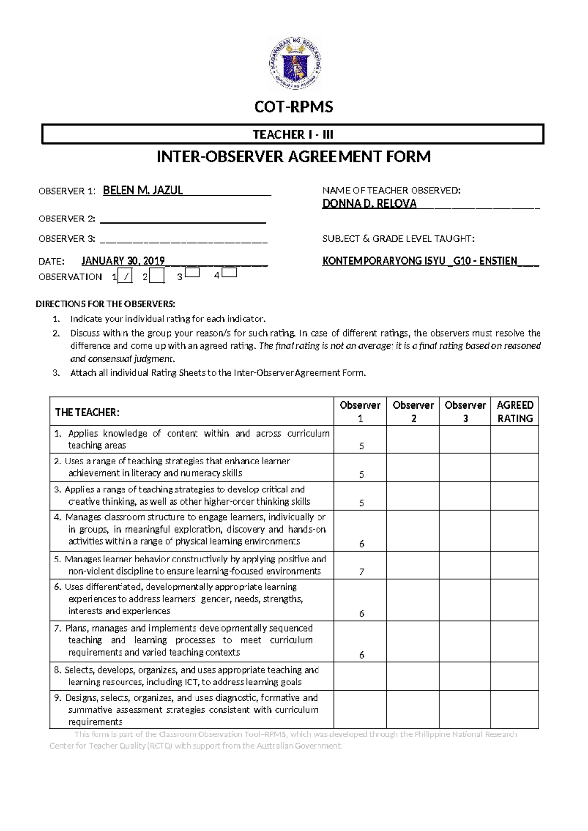 Inter-Observer Agreement Form Teacher I-III 051018-3 - COT-RPMS TEACHER ...