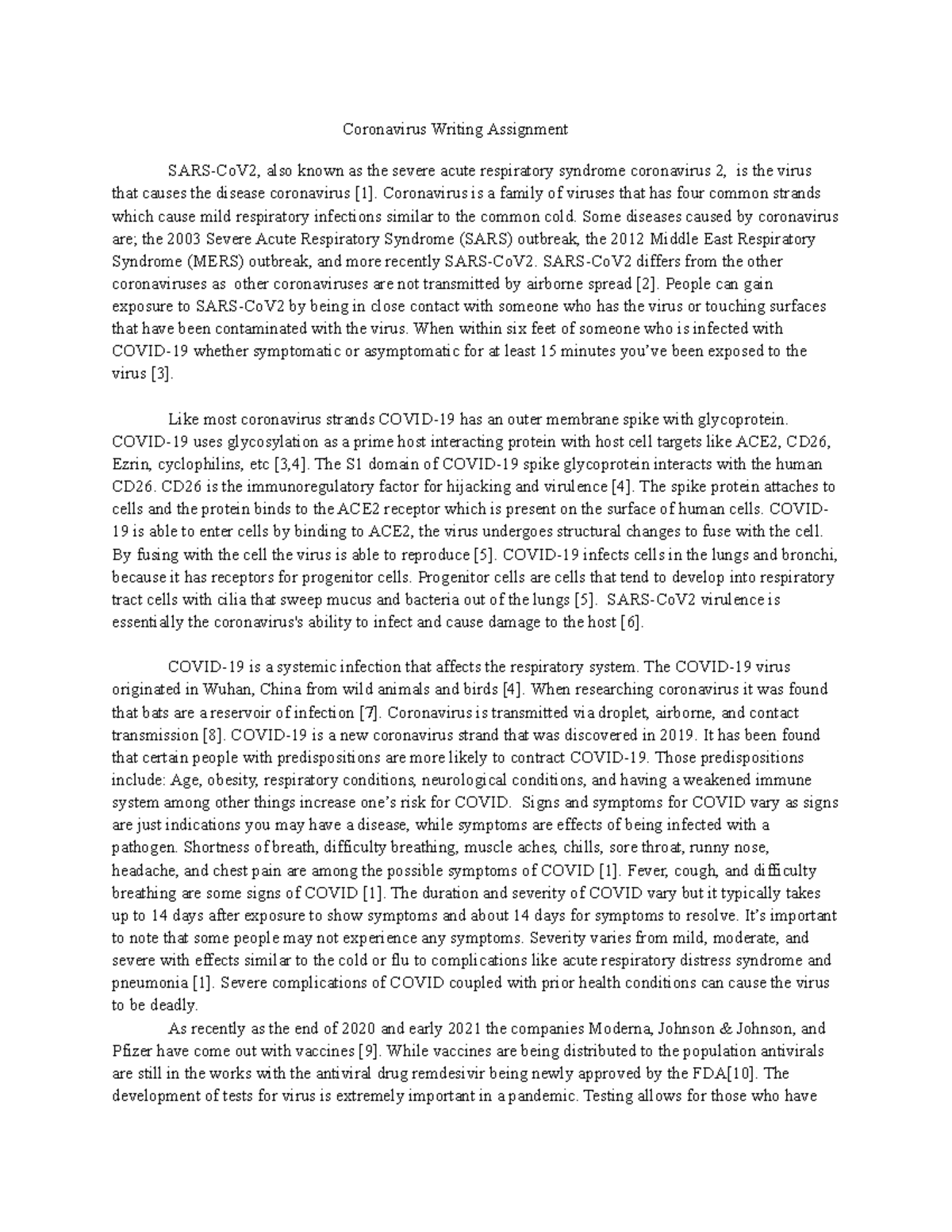 Covid-19 Paper BIO 221 - Grade: A- Coronavirus Writing Assignment SARS ...