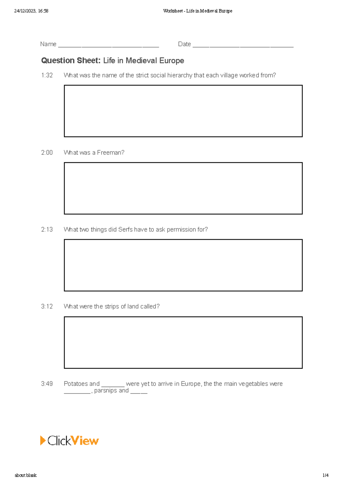 Lesson 1- Manor Worksheet (Modified) 1 - Question Sheet: Life in ...