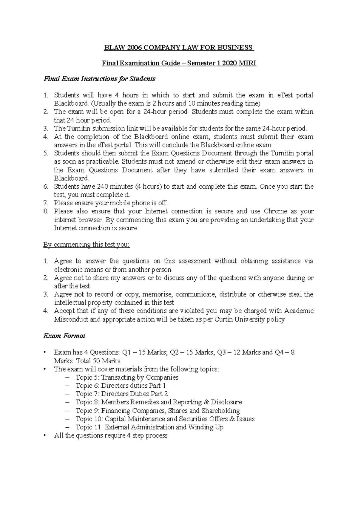BLAW2006 Final exam guide Semester 1 2020 MIRI - BLAW 2006 COMPANY LAW FOR BUSINESS Final - Studocu