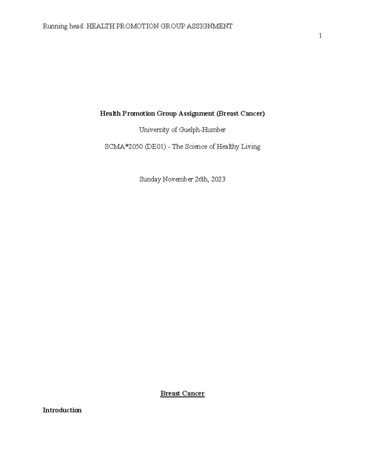 Health Promotion Group Assig - 1 Health Promotion Group Assignment ...