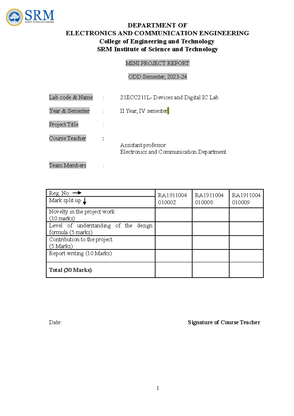 Mini project form sample - DEPARTMENT OF ELECTRONICS AND COMMUNICATION ...