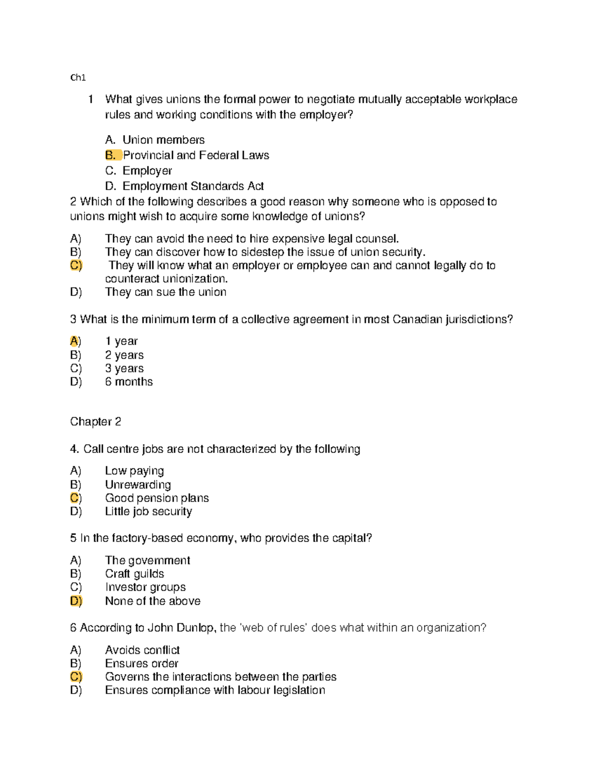 Econ3500 Midterm Practice questions - Ch 1 What gives unions the formal ...