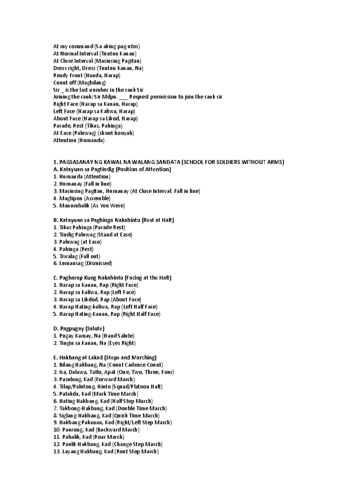 ROTC Commands - asdasd - At my command (Sa aking pag-utos) At Normal ...