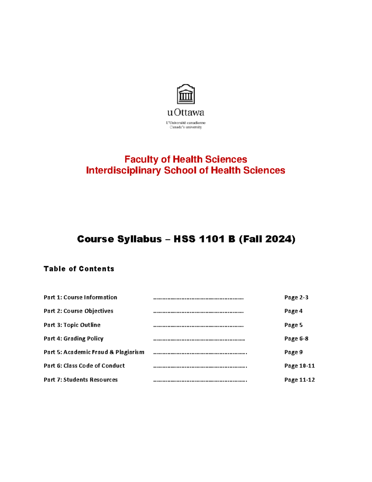 HSS 1101 B (Fall 2024) - Course Syllabus - Faculty of Health Sciences ...