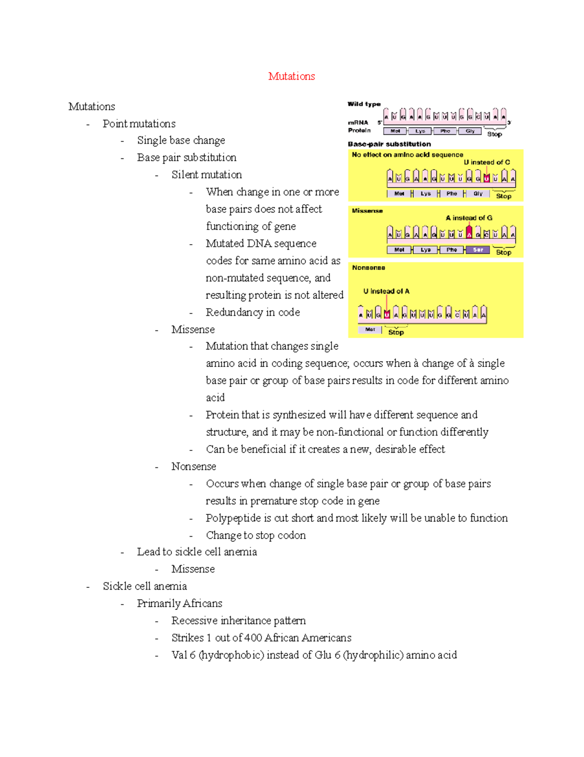 Mutations - Molecular Genetics notes - Mutations Mutations - Point ...