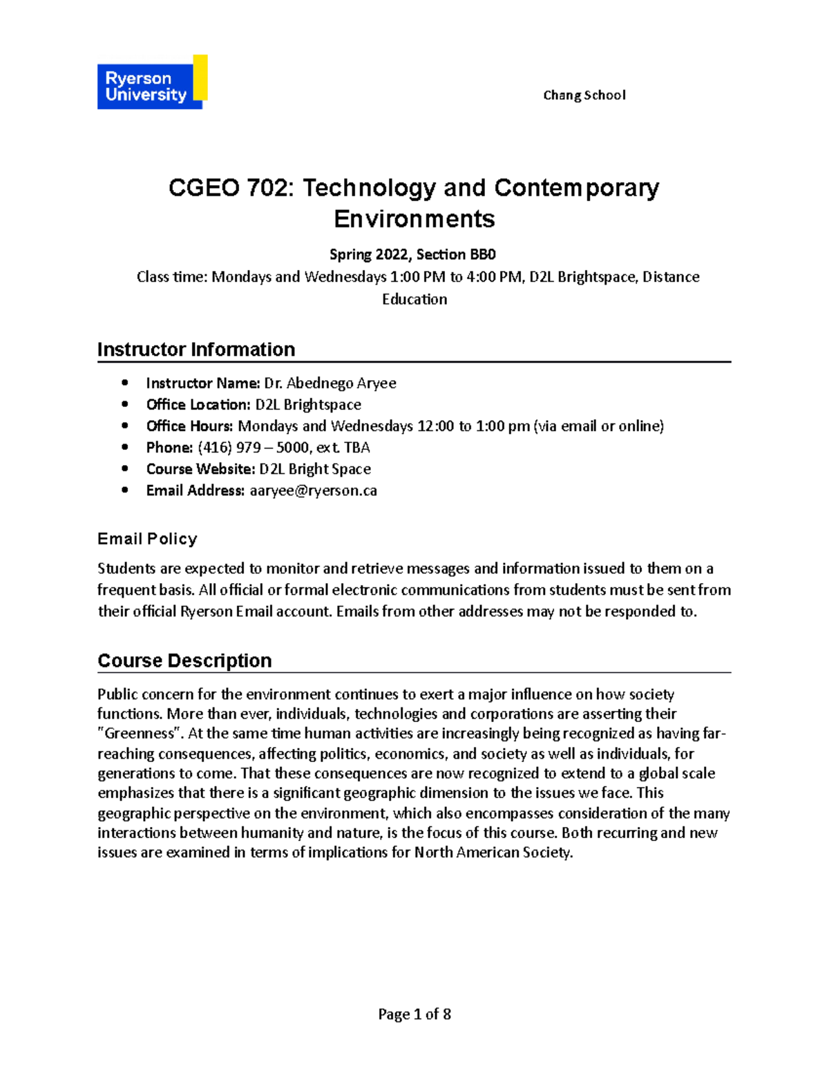 CGEO 702 Course Outline - Chang School CGEO 702: Technology and ...
