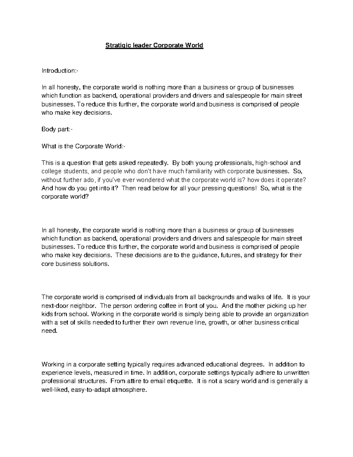 Corporate World - Stratigic leader Corporate World Introduction:- In ...