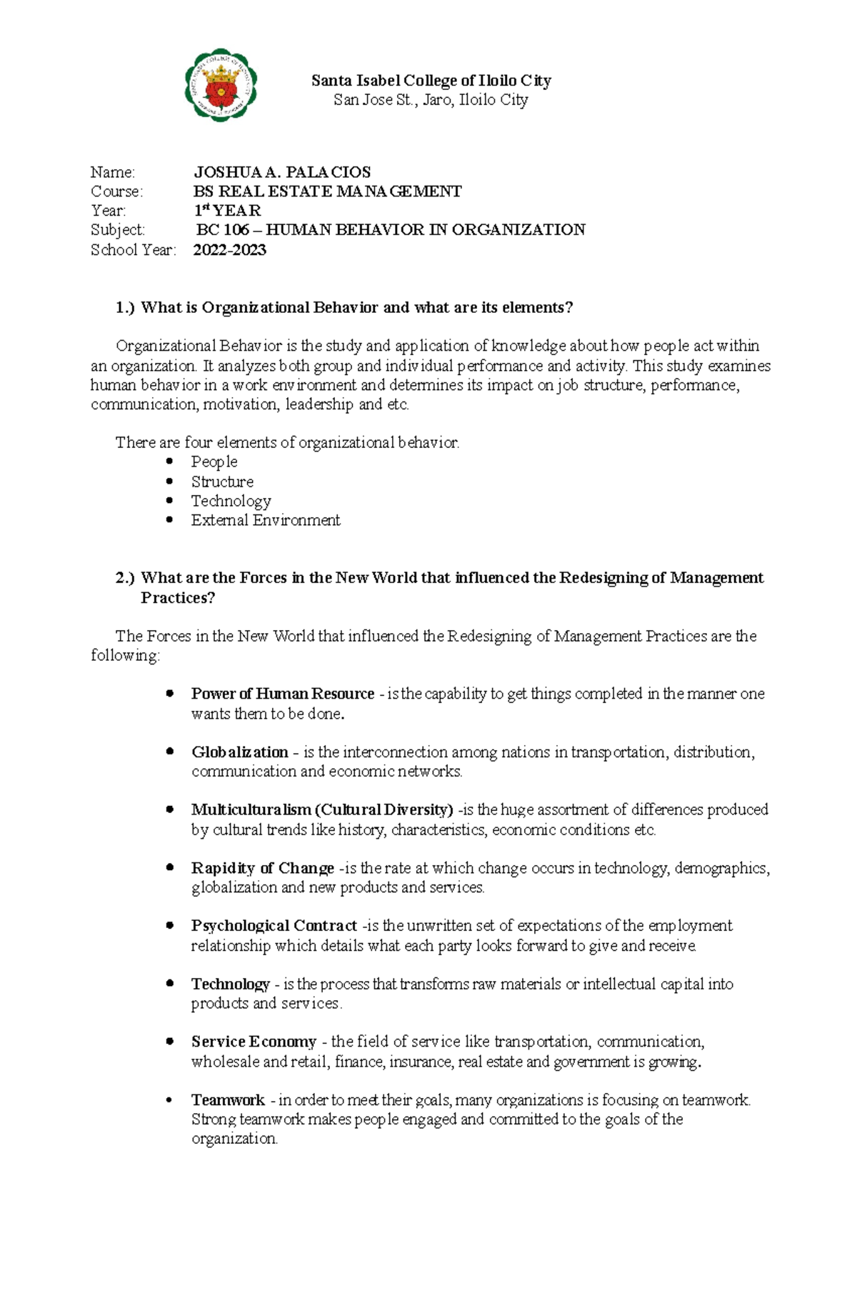 Assignment IN BC 106 - Human Behavior IN Organization - Santa Isabel ...