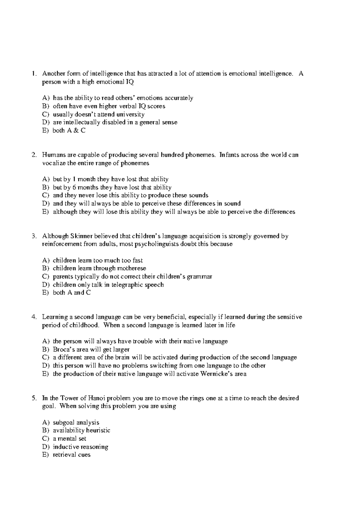 Psych 1000 - Feb 2010 Practice Exam - Another form of intelligence that ...