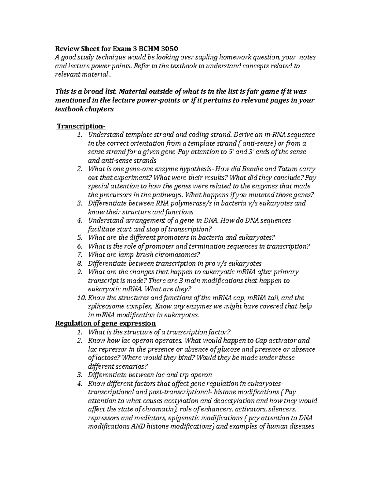 Exam 3 review - Test 3 Study Guide - Review Sheet for Exam 3 BCHM 3050 ...