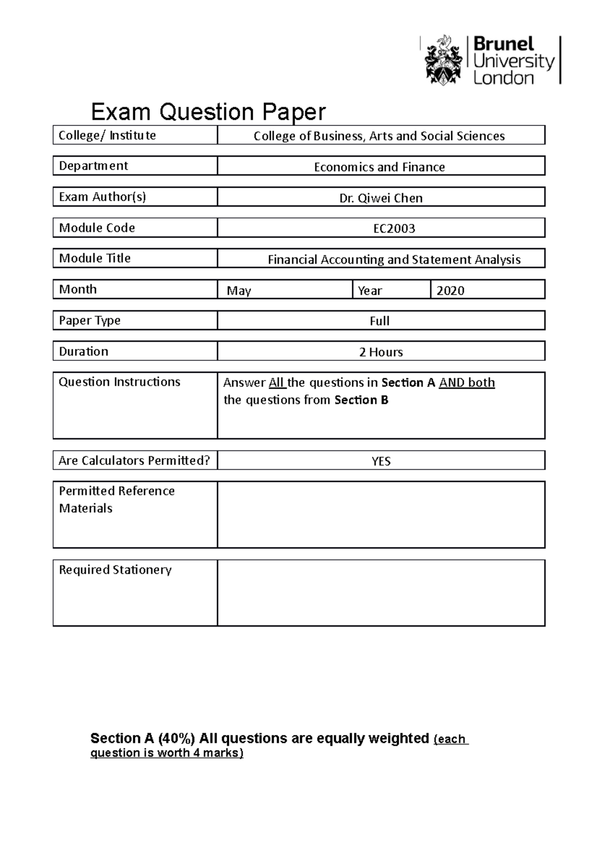 EC2003 May 2019 20 - Past paper for additional practice - Exam Question ...