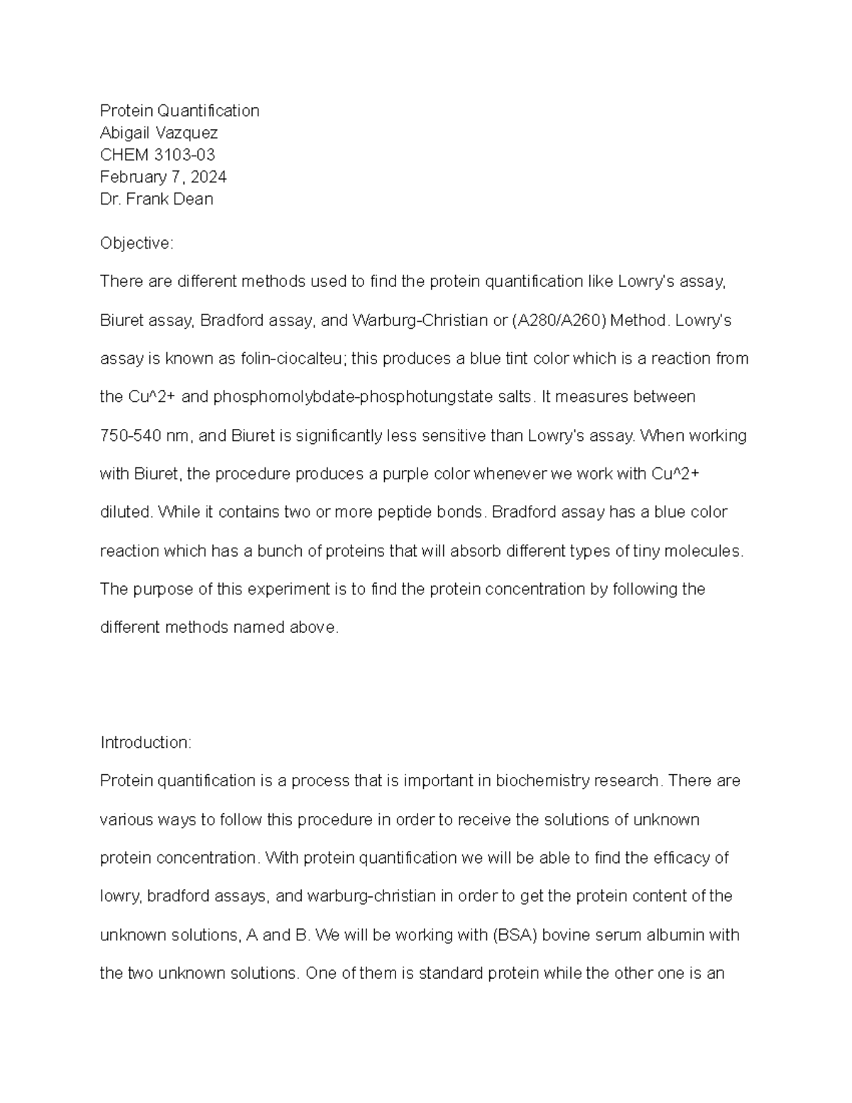 Protein Quantification lab Report - Protein Quantification Abigail ...