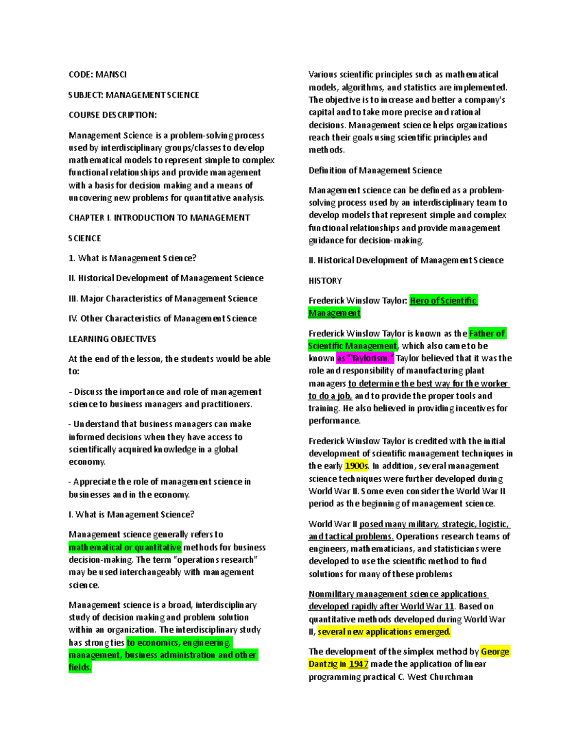 Mansci chap 1 2 - SOME NOTES - CODE: MANSCI SUBJECT: MANAGEMENT SCIENCE ...