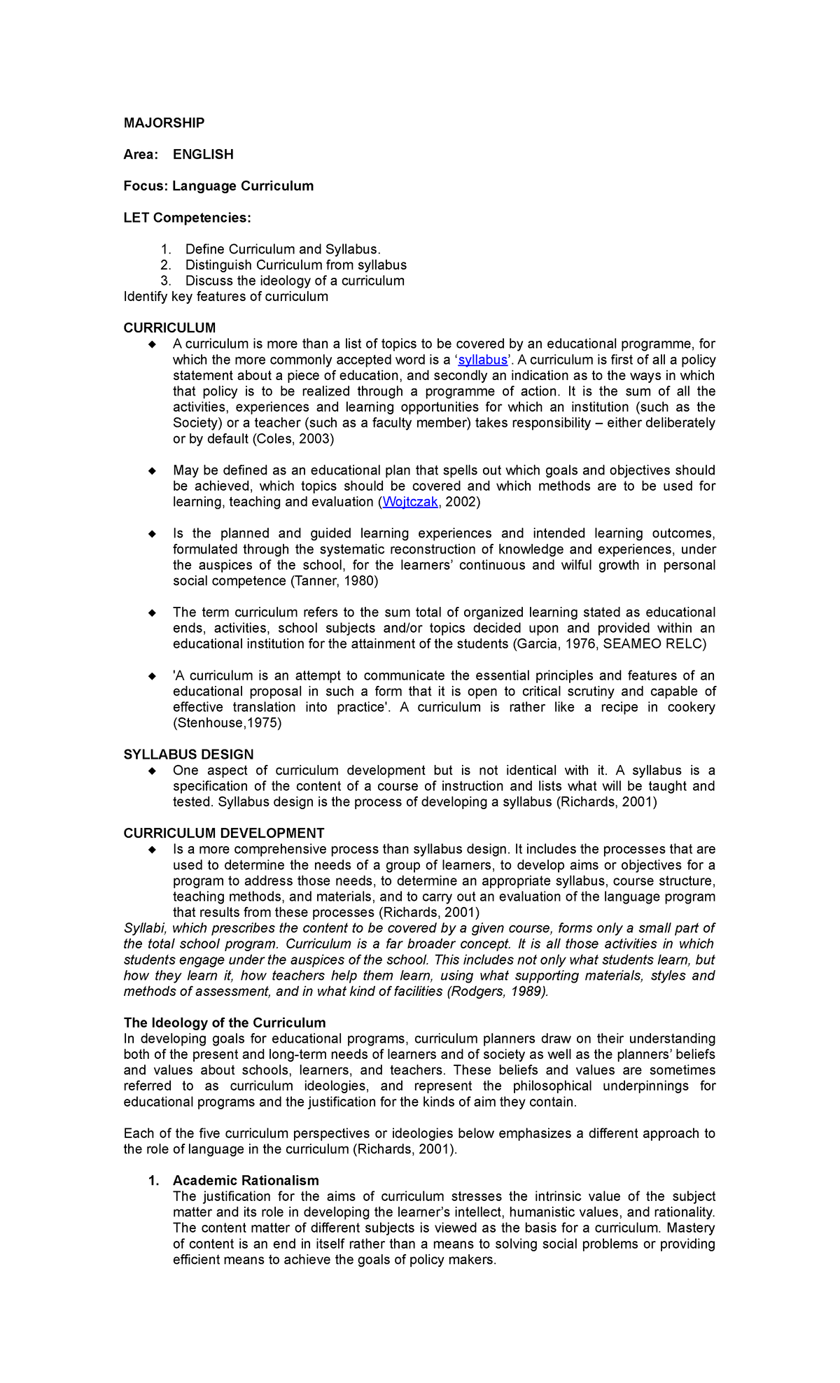 6 Language Curriculum MAJORSHIP Area ENGLISH Focus Language