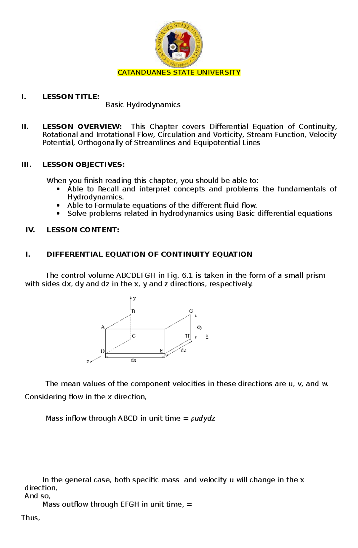 Lesson on Basic Hydrodynamics - I. LESSON TITLE: Basic Hydrodynamics II ...