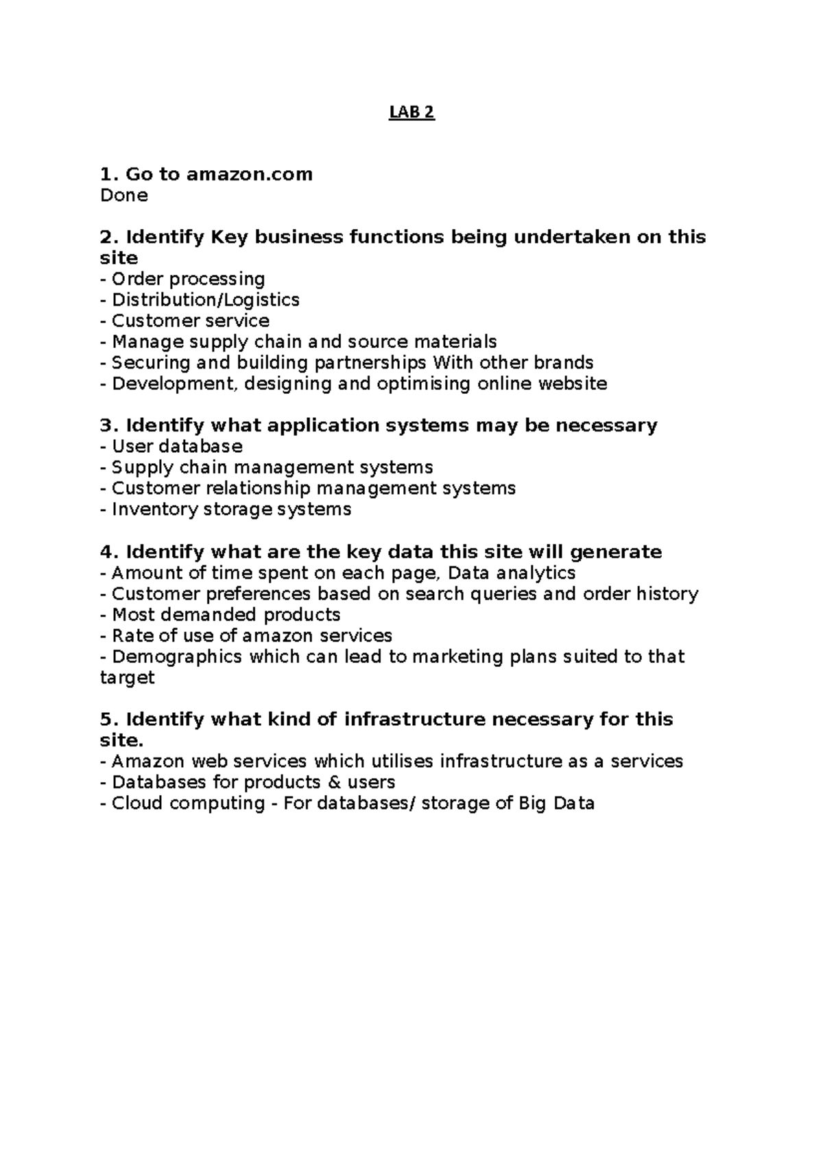 Tutorial 2 - LAB 2 1. Go to amazon Done 2. Identify Key business ...