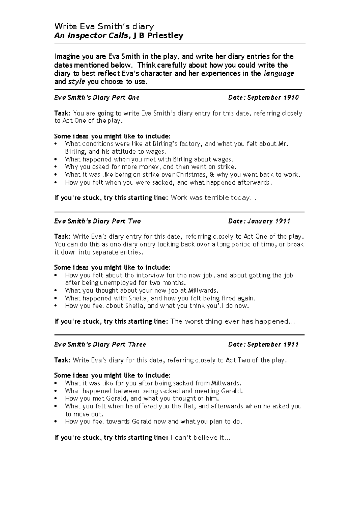 Eva s diary - Write Eva Smith’s diary An Inspector Calls, J B Priestley ...