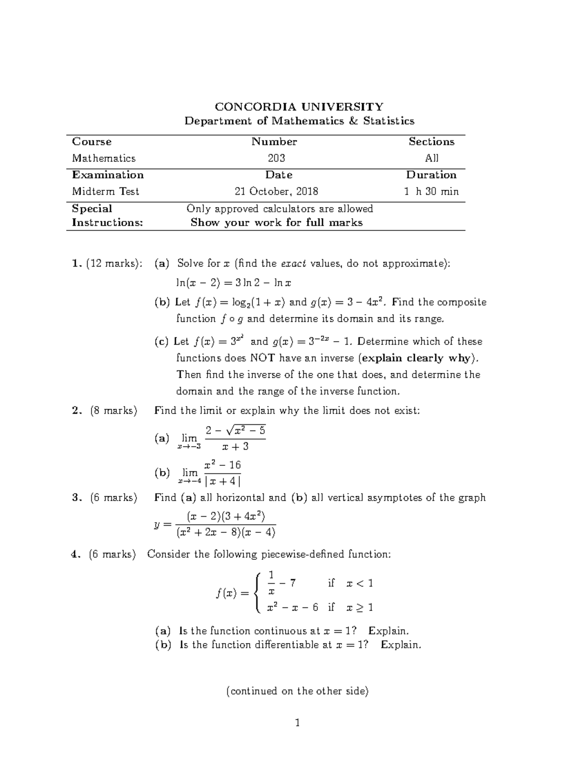 Math203 Midterm Fall 2018 - CONCORDIA UNIVERSITY Department of ...