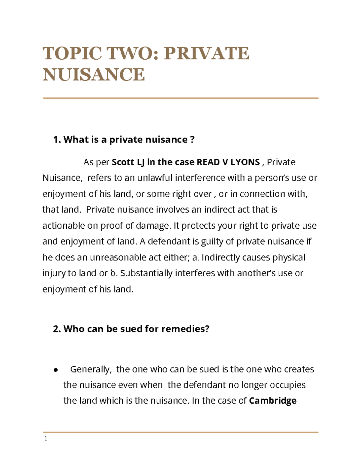 Private Nuisance - TOPIC TWO: PRIVATE NUISANCE 1. What is a private ...