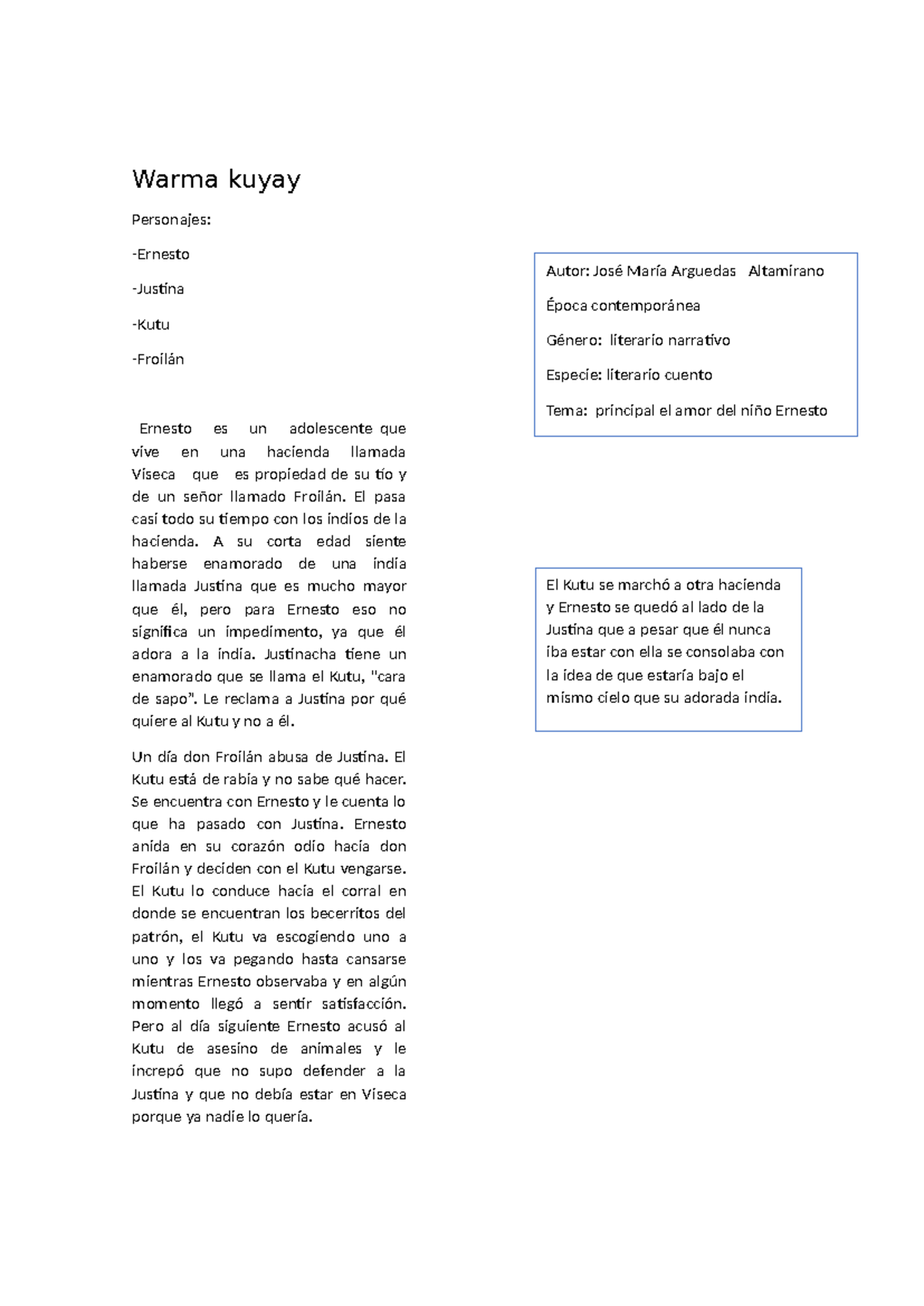 Warma kuyay - Warma kuyay Personajes: -Ernesto -Justina -Kutu -Froilán ...